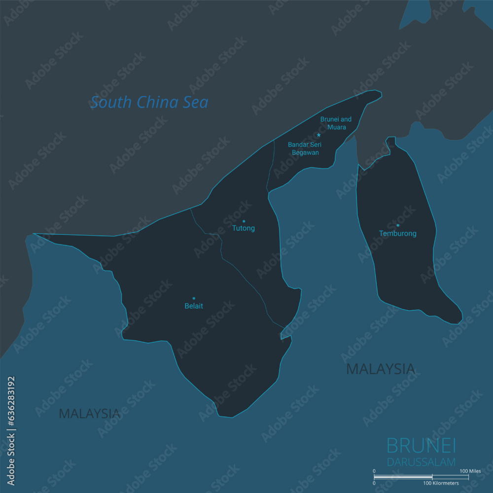 Brunei map. High detailed map of Brunei with countries, borders, cities ...