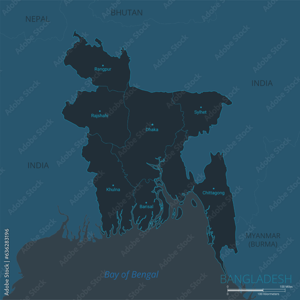 Bangladesh map. High detailed map of Bangladesh with countries, borders ...