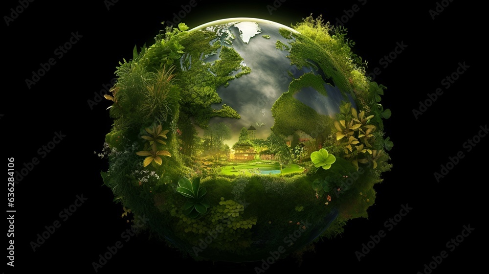 Illustration of an interconnected earth overgrown with plants. Concept ...