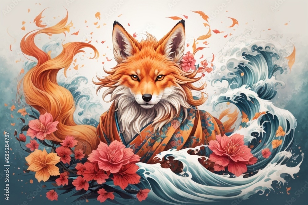 kitsune tattoo design, kitsune, neo traditional tattoo style, 2D ...