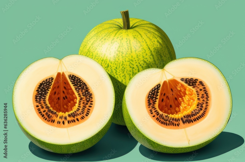 Ripe juicy rockmelon on a solid pastel background. Melon Fruit with ...