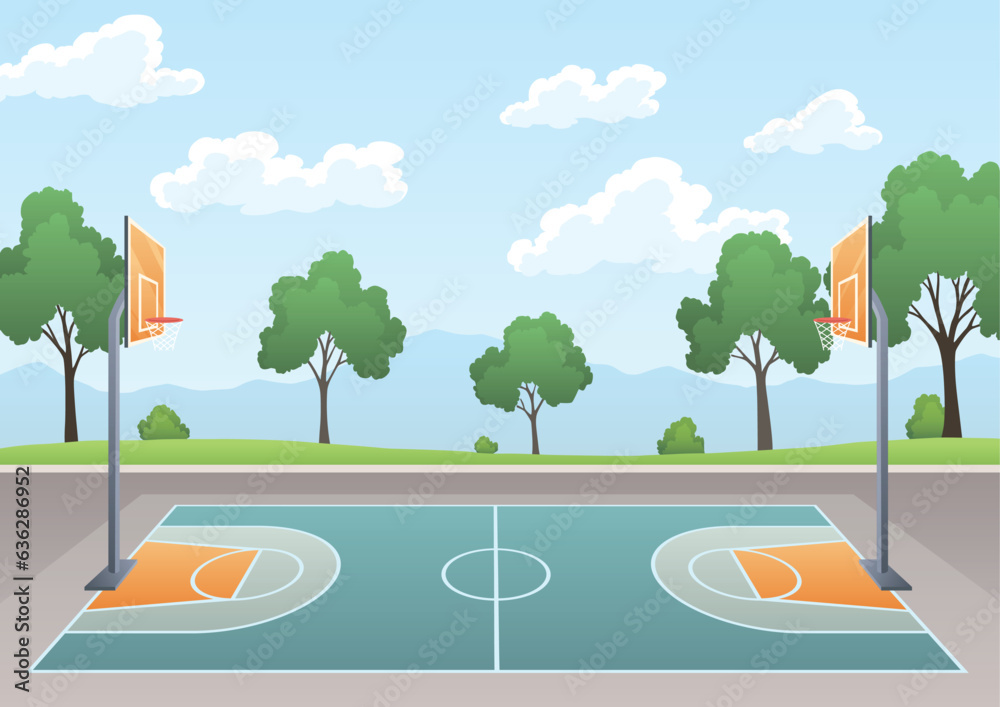 Basketball court. Urban concept landscape with playground, athletic ...