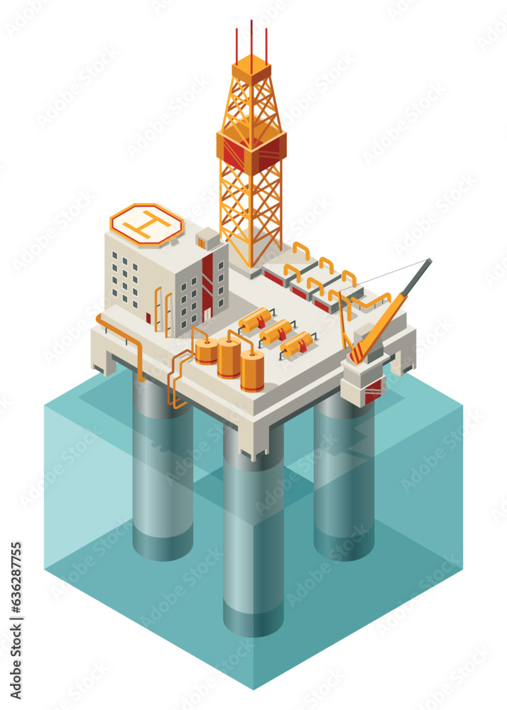 Oil gas platform isometric icon composition in water. Offshore mining ...