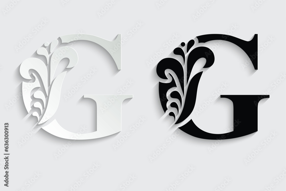 letter G. Black flower alphabet. Beautiful capital letters with shadow ...