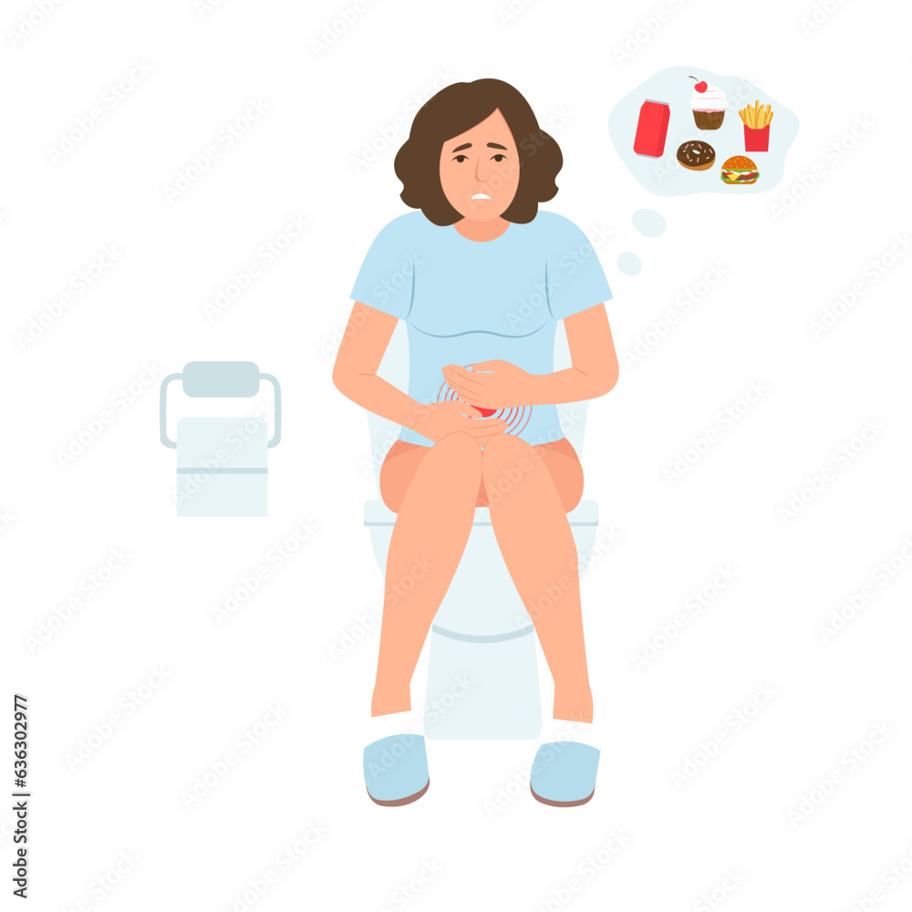 Woman sitting on toilet and suffering from stomach ache and ...