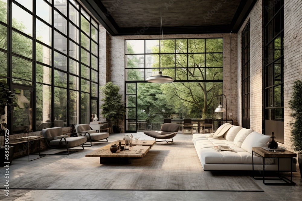 Contemporary urban space featuring white brick walls, sleek concrete ...