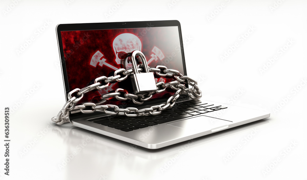 Cybersecurity concept: A laptop computer in chains. Represents ...