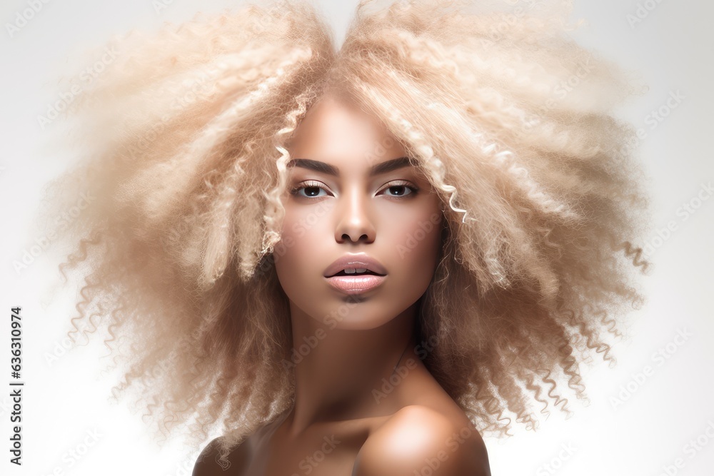 Beautiful model girl with big blonde afro hair. Care and beauty hair ...