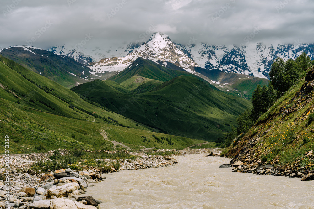 View of the valley of Shkhara, the highest mountain in Georgia. Enguri ...