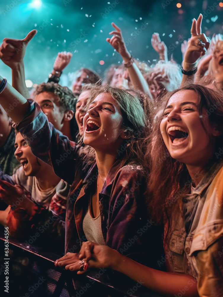 Zoom out, festival, concert, group of friends having fun, dancing ...