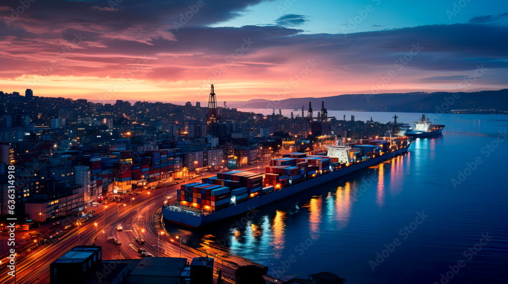 container ship entering a major port at dusk, with the city skyline in ...