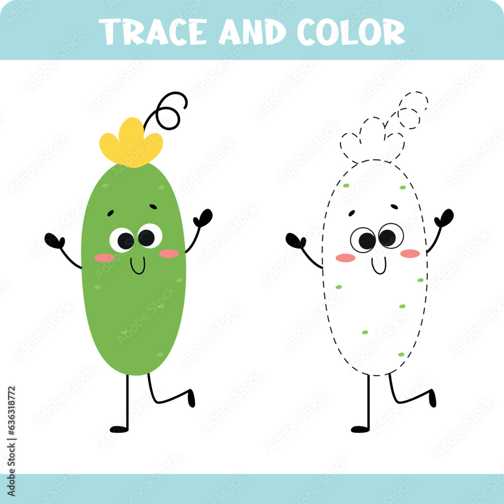Educational coloring page for todlers with tracing cucumber. Activity ...