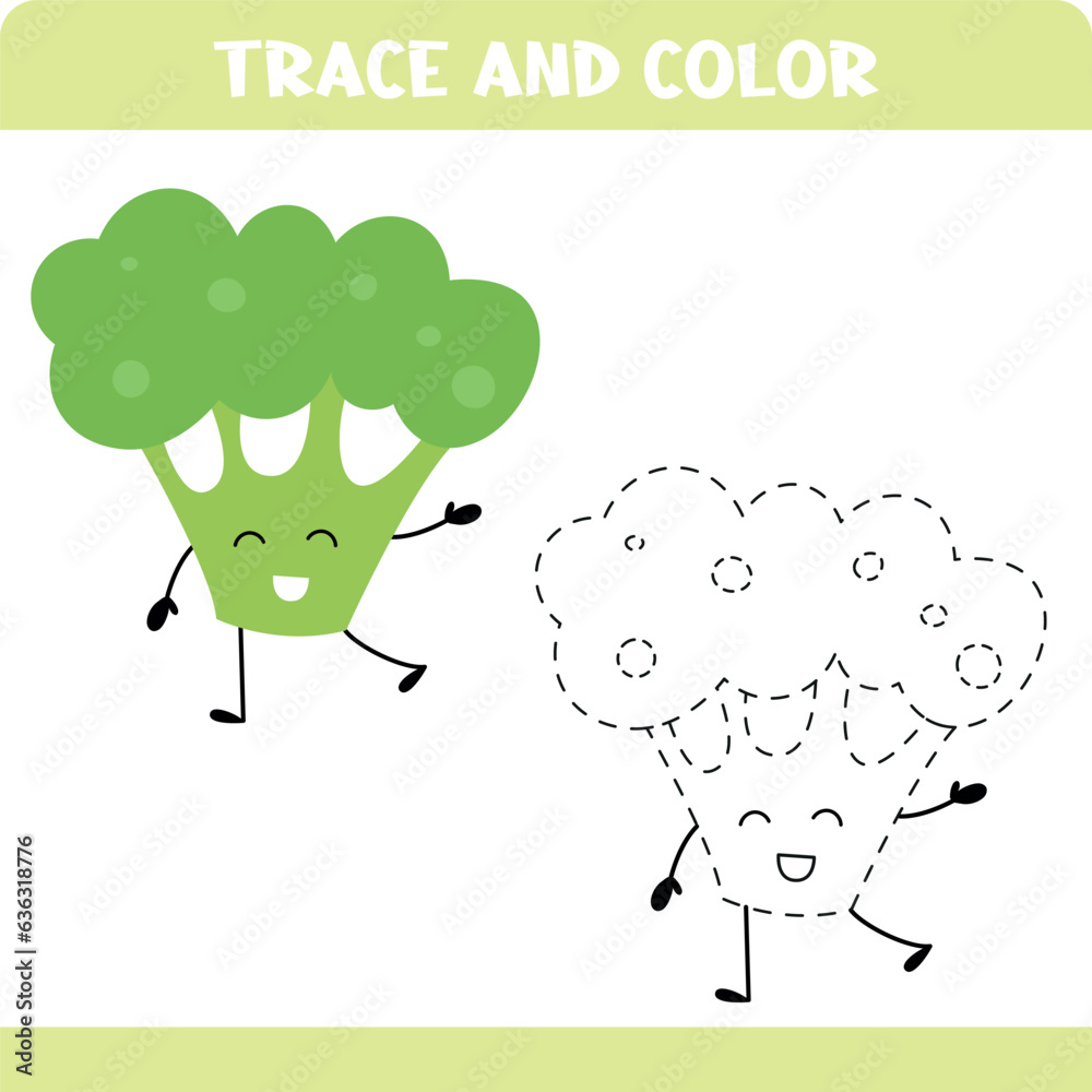 Tracing page for todlers with cute broccoli with funny faces ...