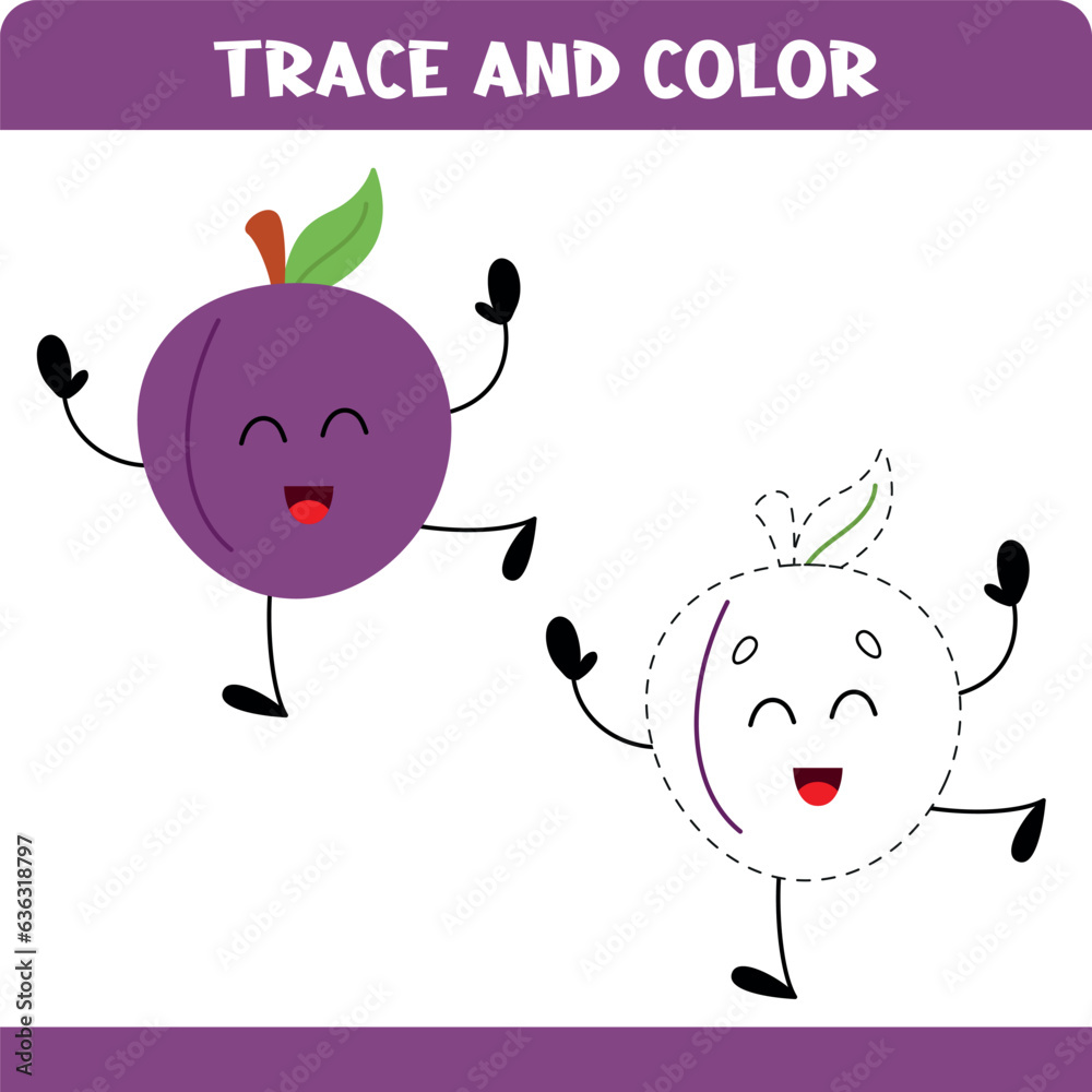 Educational worksheets with tracing games. Trace and color plum ...