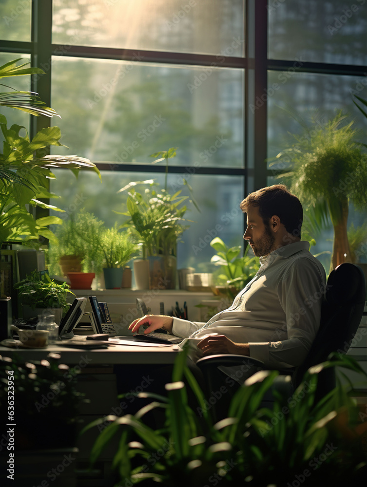 Refreshing Greenery: The portrait shows the office worker leaning ...