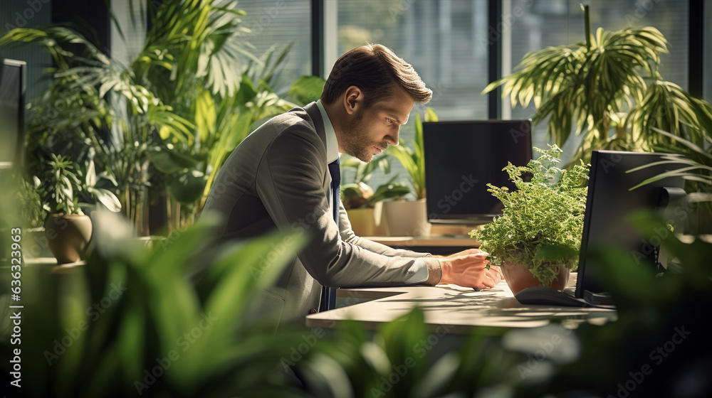 Refreshing Greenery: The portrait shows the office worker leaning ...