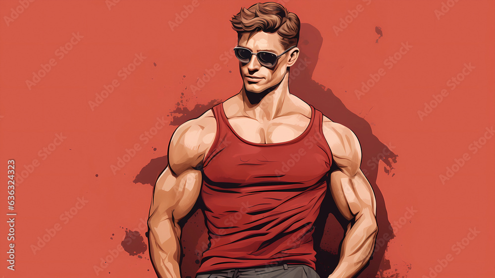 hand drawn cartoon handsome fitness muscle man illustration Stock ...