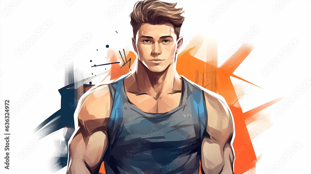 hand drawn cartoon handsome fitness muscle man illustration Stock ...