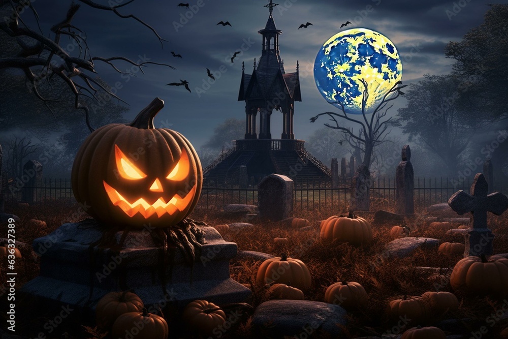 Eerie jack-o-lantern amidst church graveyard, setting a spooky ...