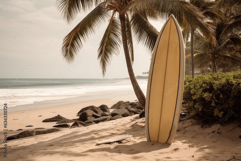 Hawaiian beach with palm trees and a surfboard set into the sand ...