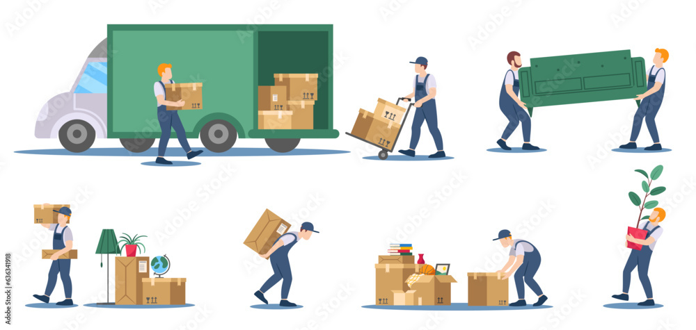 Moving service. Delivery service workers loading boxes and sofa into ...