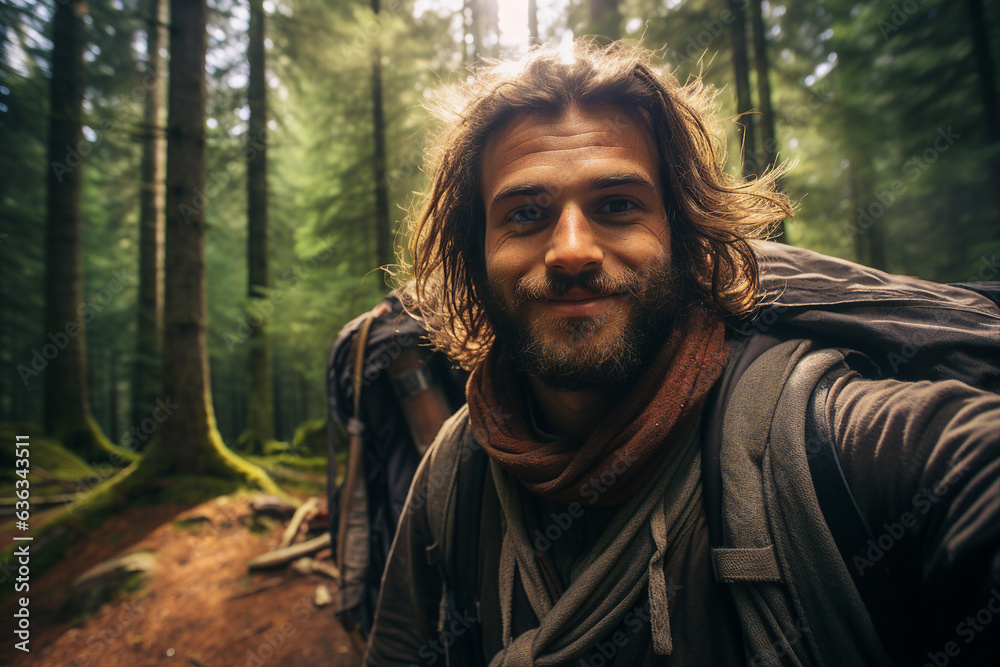 Generative AI picture image of wanderer person guy in tourist gear ...