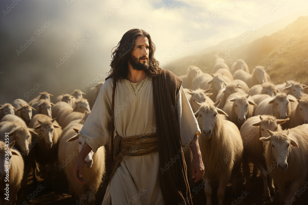Generative Ai illustration Jesus is walking in meadow with sheep Jesus ...