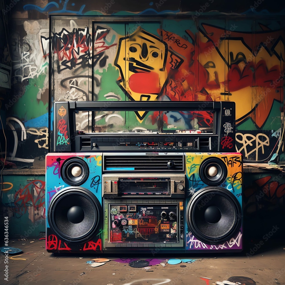 music background with speakers, a colorfully decorated electronic boom ...