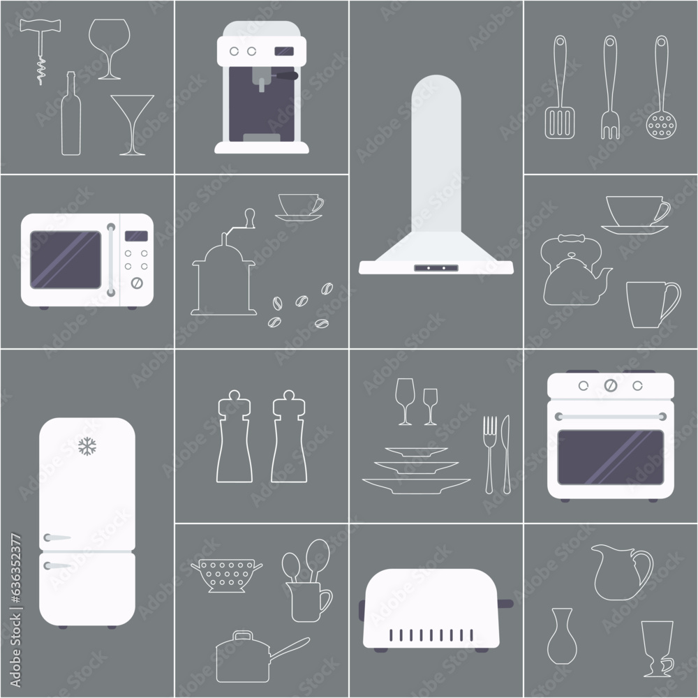 Clipart of kitchen tools on grey background. Concept home interior. Set ...