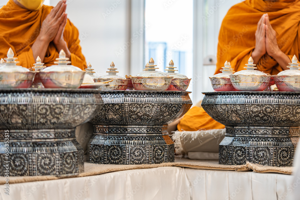 Thai bowl set arranged with rice, dishes on the small thai wooden table ...
