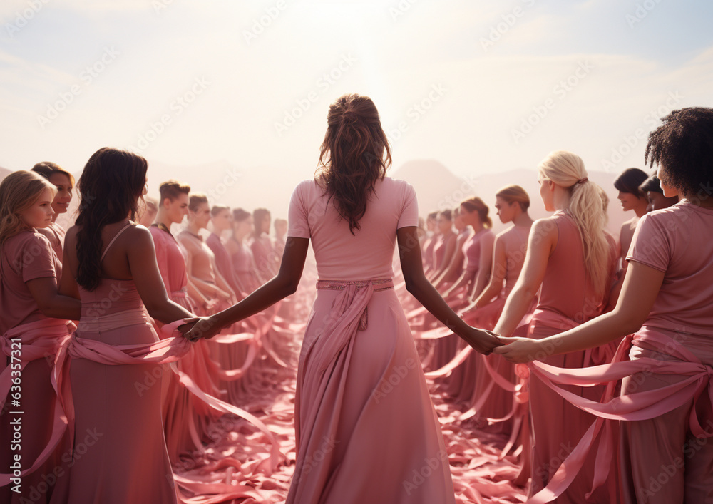 Group of diverse women standing together, forming a human ribbon in the ...