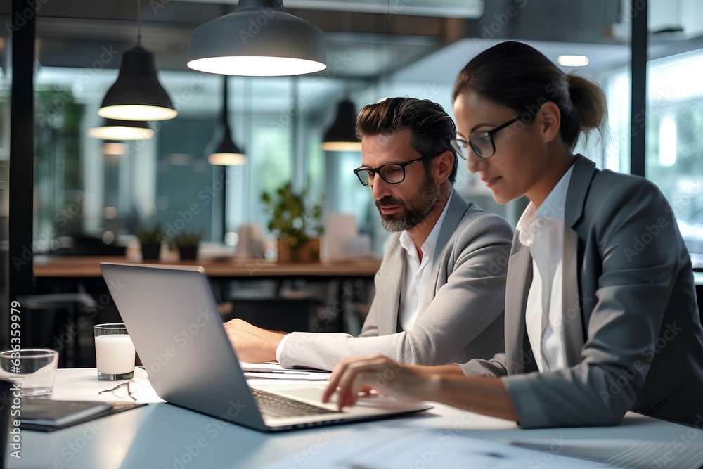 two employees using laptop looking at business documents working in ...