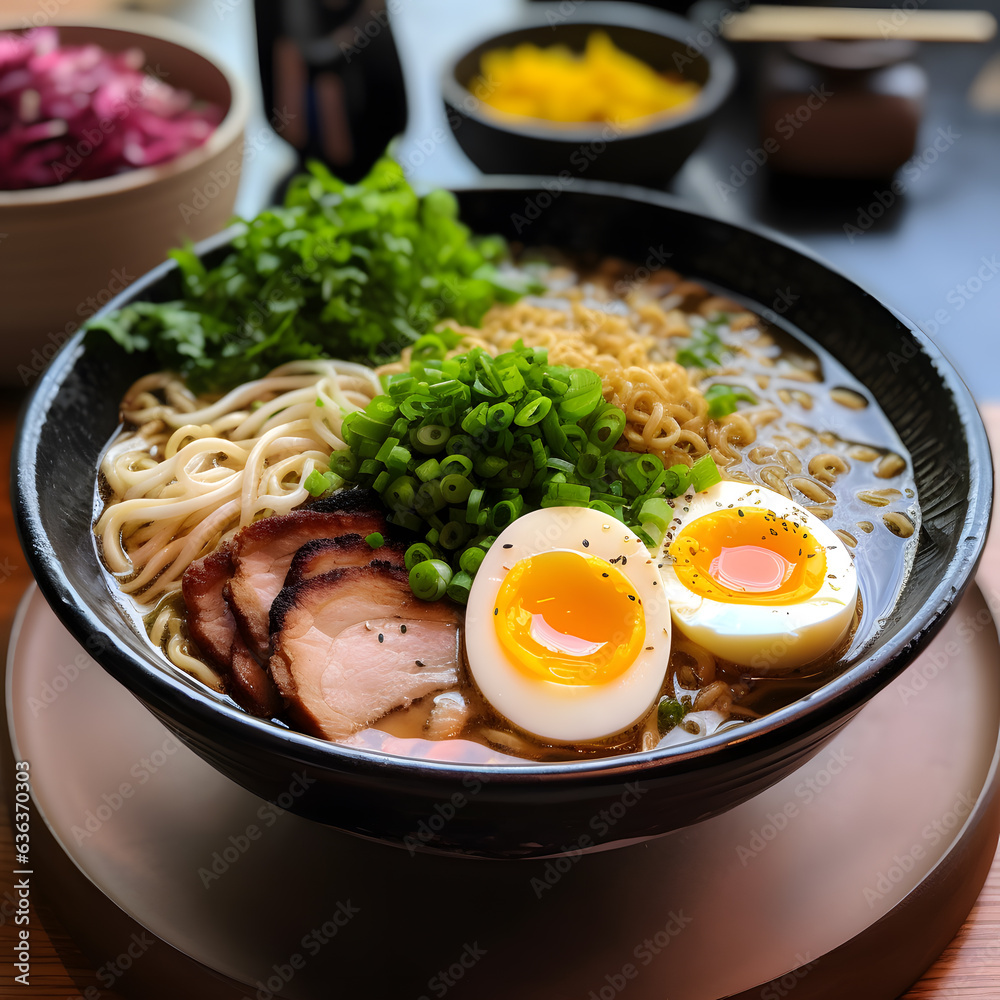 Yummy ingredient raman, noodles, egg, pork, restaurant, fresh fruit ...