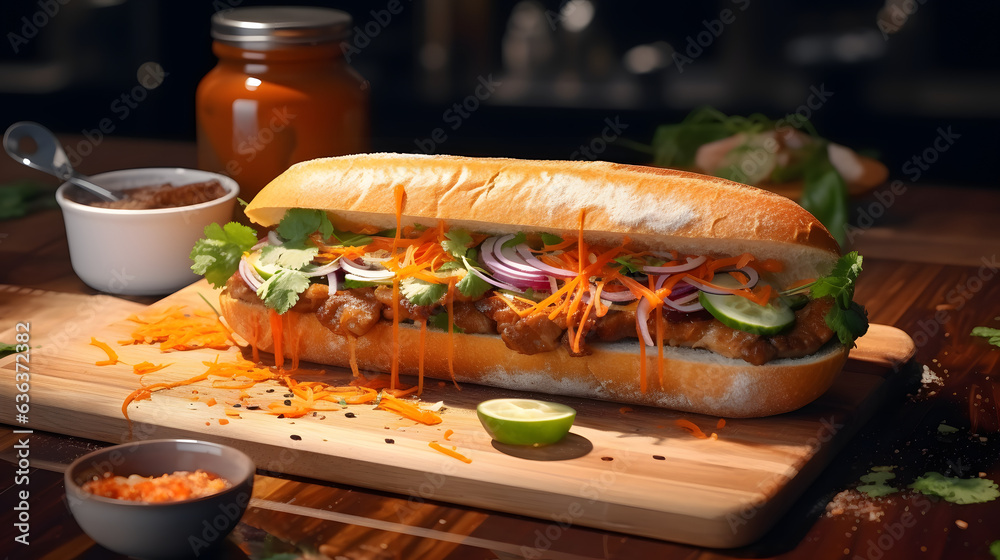vietnamese bahn mi sandwich on restaurant table.8k ultra realistik ...