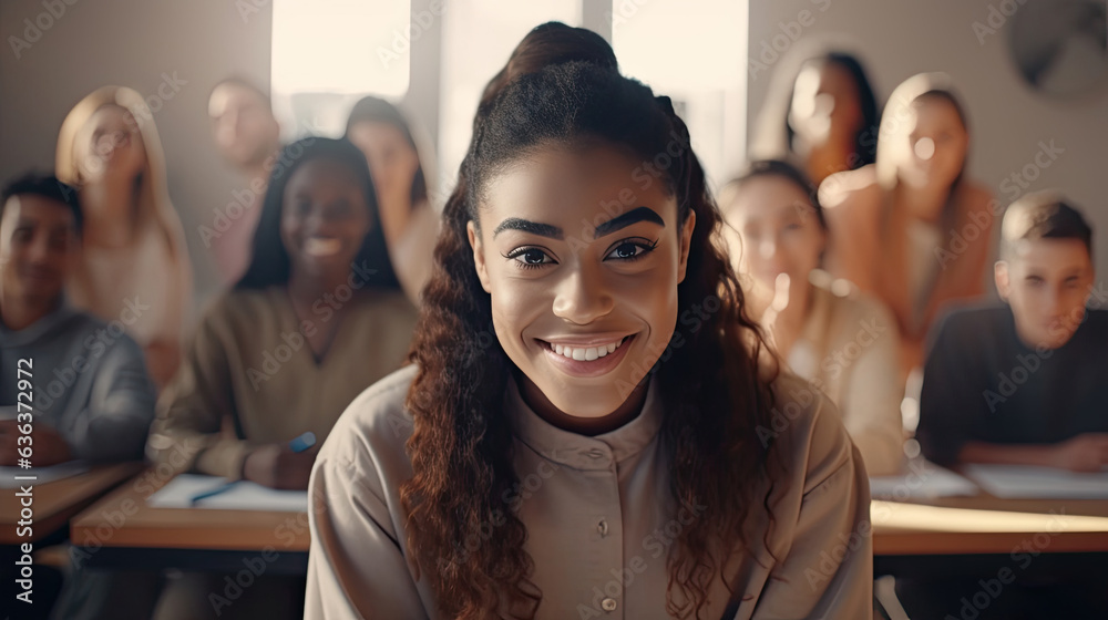 Satisfied young woman looking at camera. Team of multiethnic students ...