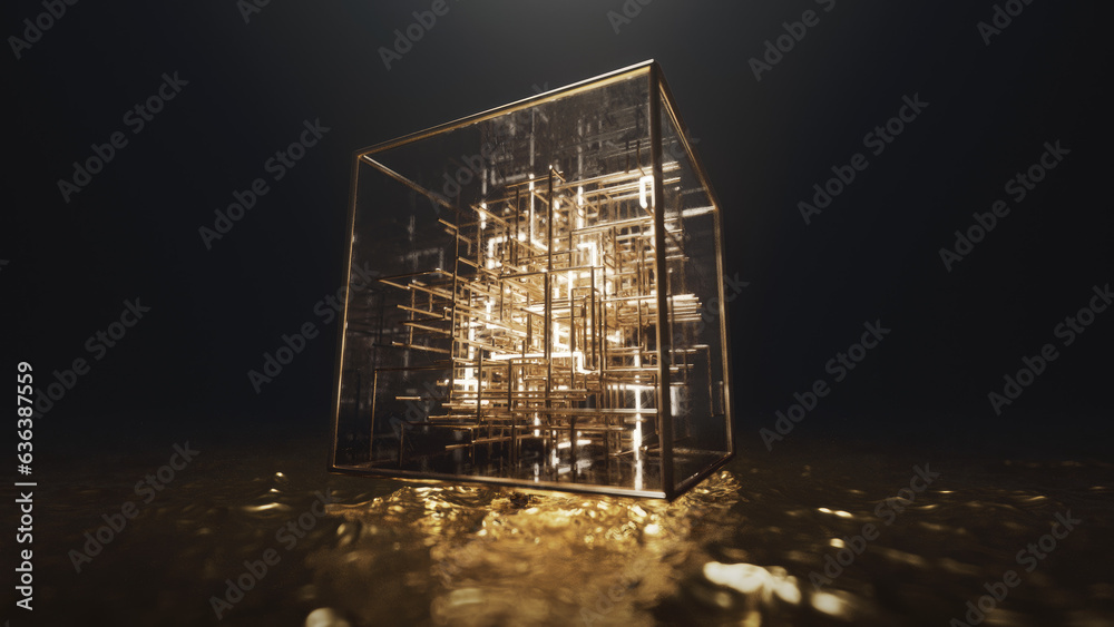 3d render Floating cube on golden water with neon lines inside in the ...