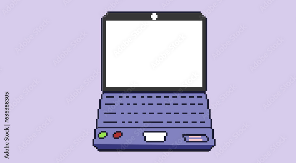Pixelated art of 8bit laptop with white screen on the screen. Pixel art ...
