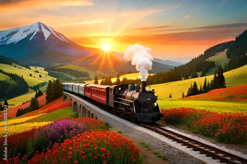 Visualize a scene where a charming steam-powered train traverses ...