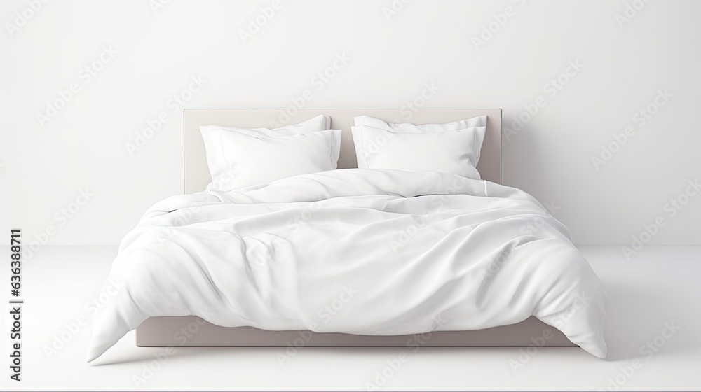 Blank White Bed with Pillows Mockup. Clear Blanket in Bedstead. Double ...