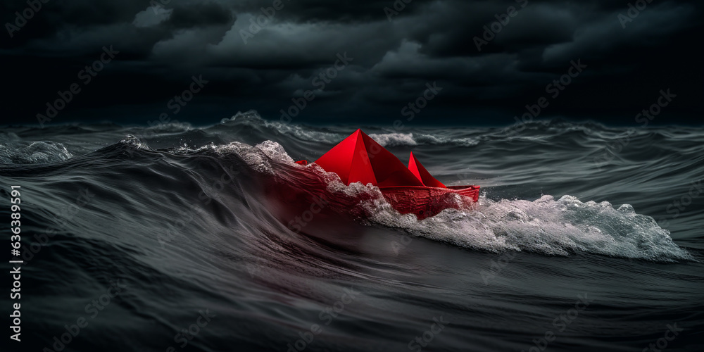 Dramatic representation of resilient red paper boat amid tumultuous ...