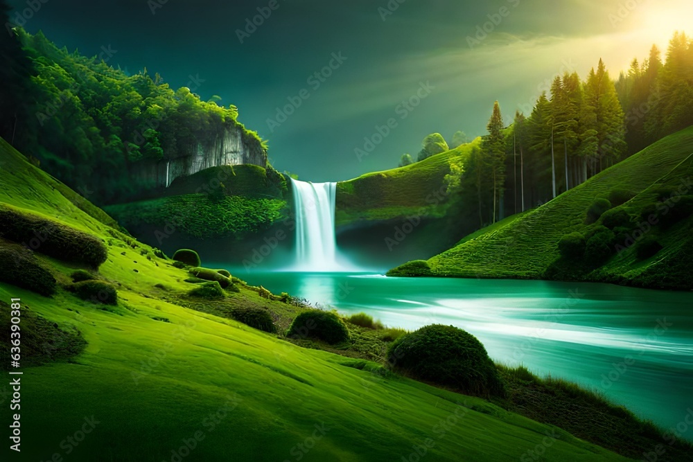 most beautiful green lush forest and water falling in the middle of ...