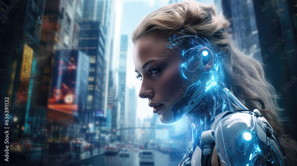 Futuristic superhero cyberpunk young woman and a city landscape Stock ...