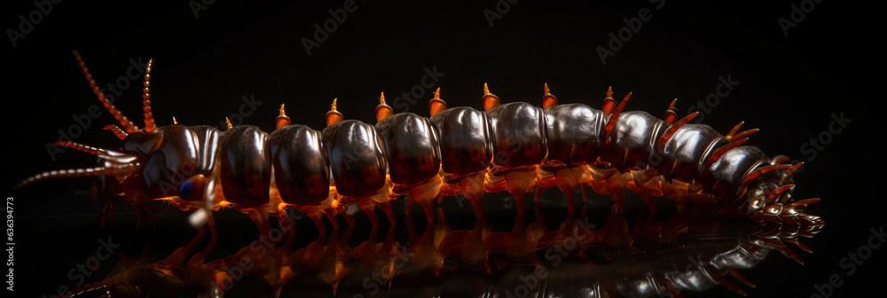 Stunningly realistic millipede on a black backdrop, illuminated with ...