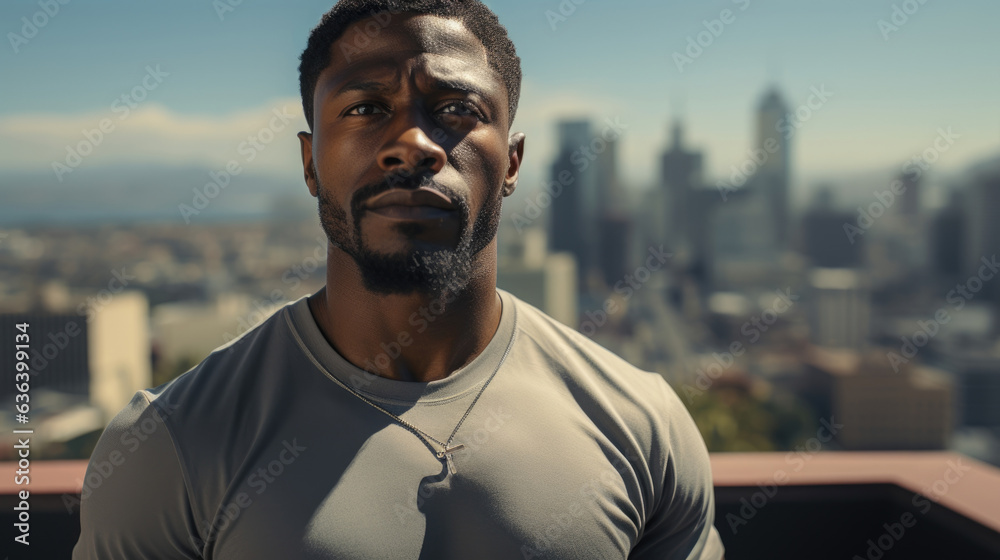 A lithe African American man takes a break on a sundrenched rooftop ...