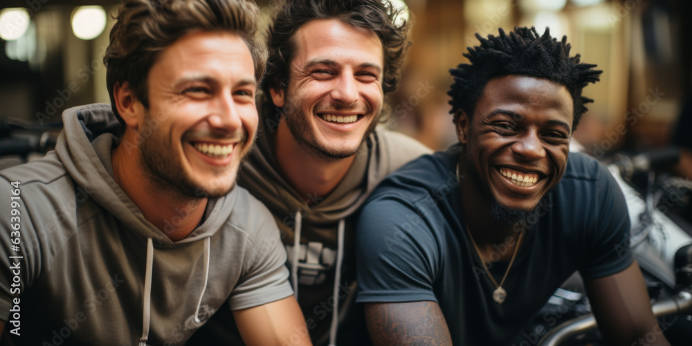 Unified Strength: Group of Smiling Men with Fitness Equipment, Enhanced ...