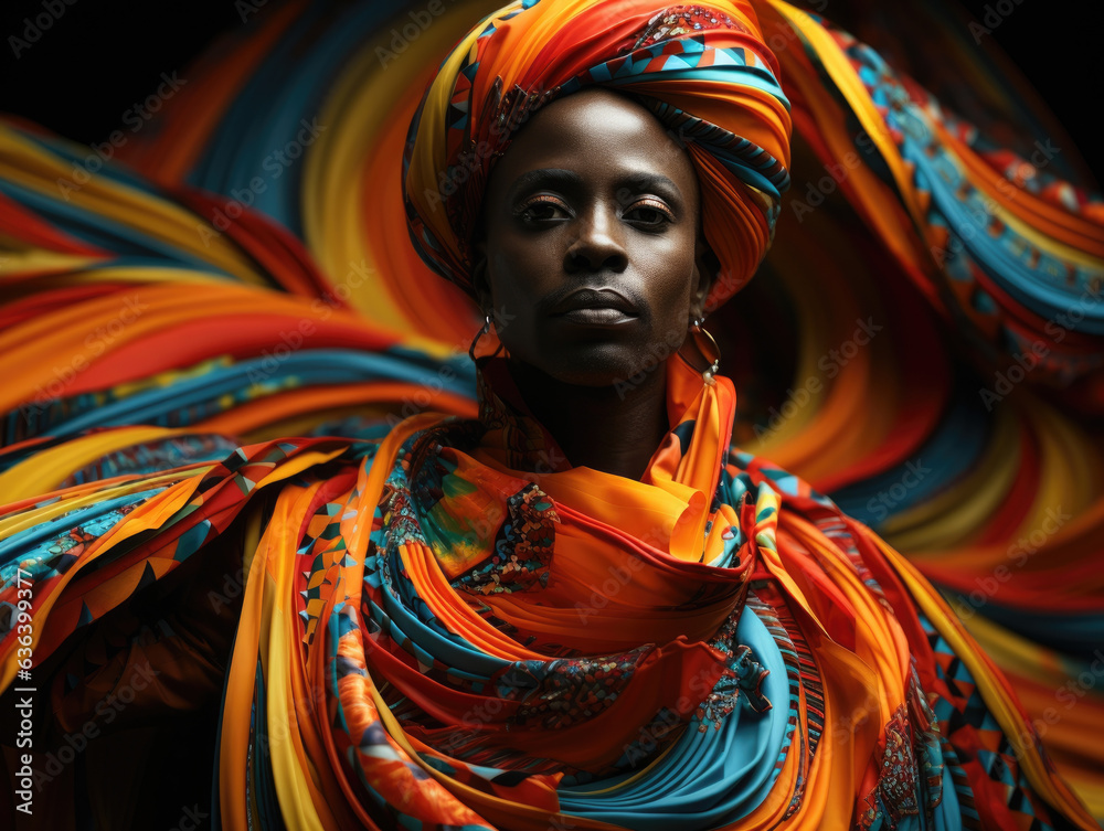 An African man dances in the middle of a circle of multicolored fabric ...