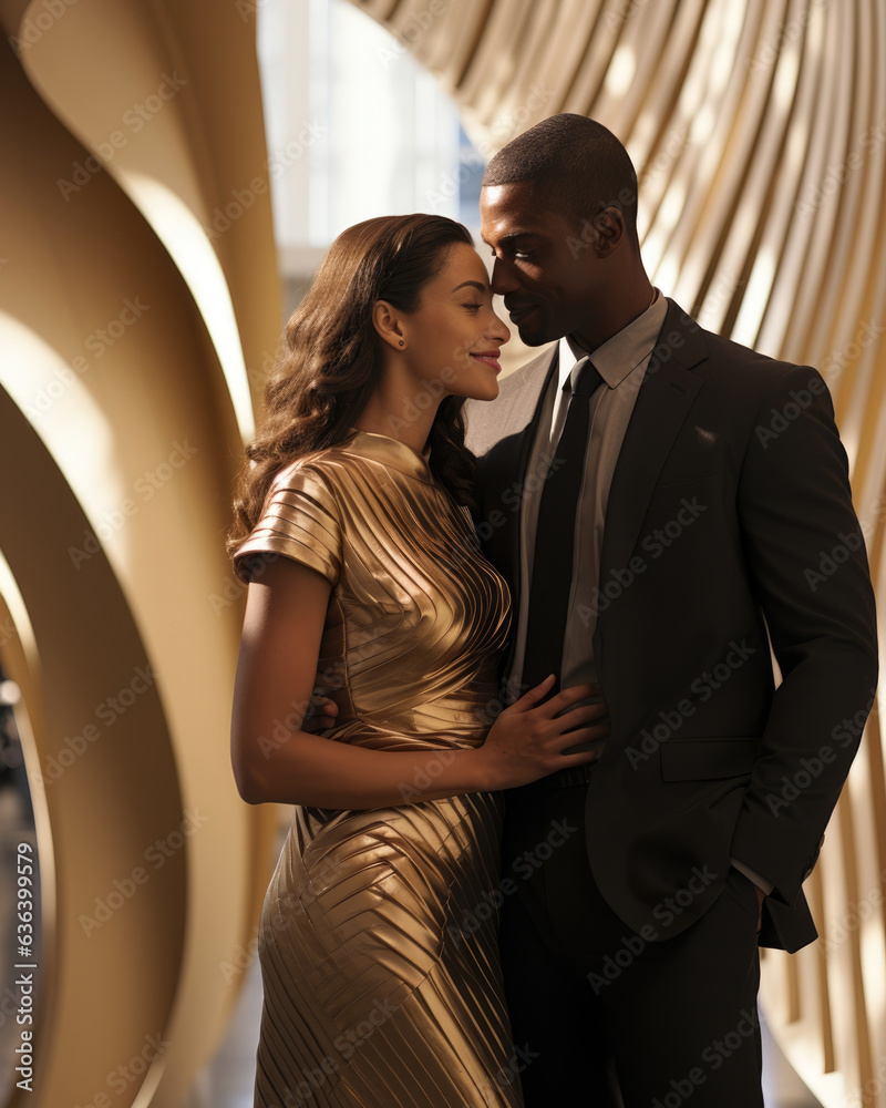 An African American couple stands side by side in an art gallery their ...