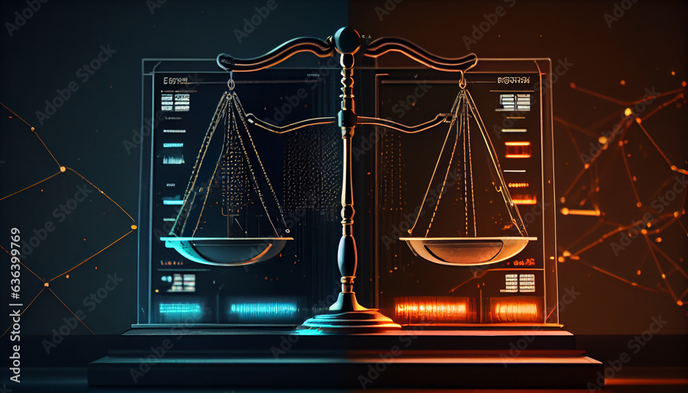 Law scales on background of data center. Digital law concept of duality ...