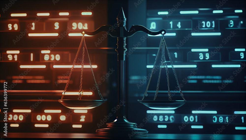 Law scales on background of data center. Digital law concept of duality ...