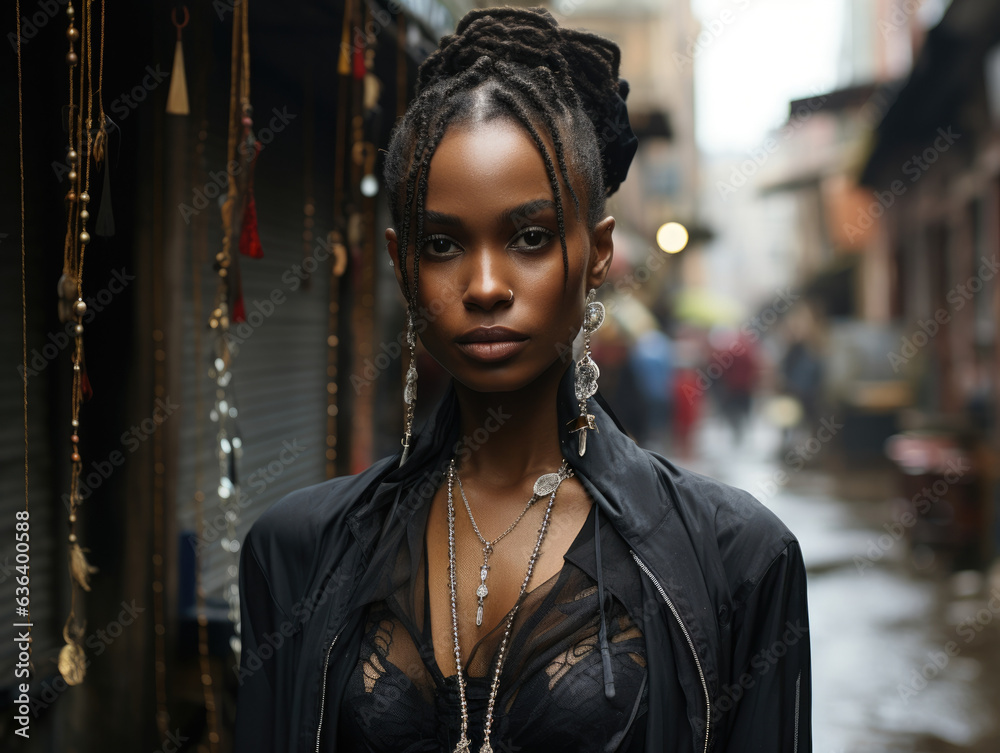 A passionate Black woman stands defiantly in the middle of an alleyway ...